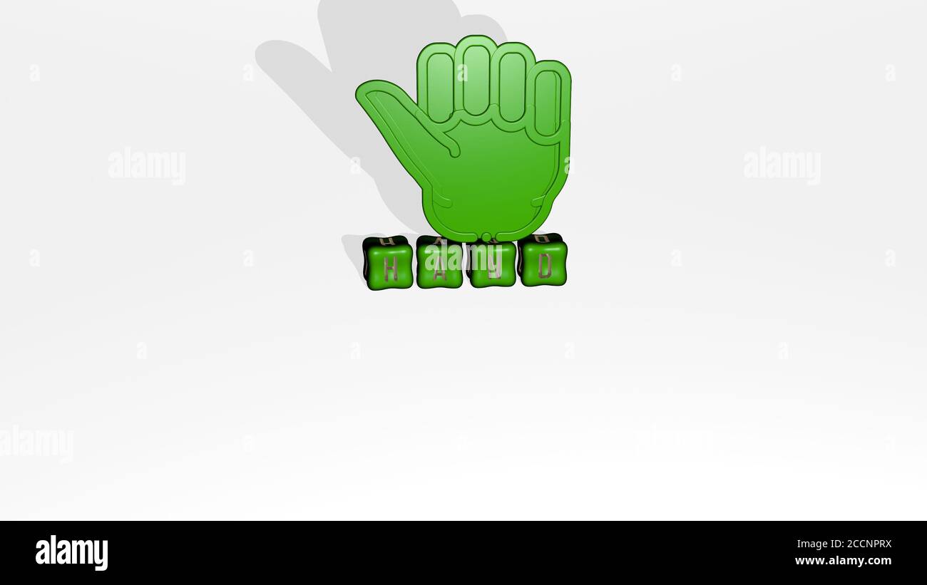 hand 3D icon object on text of cubic letters, 3D illustration Stock ...
