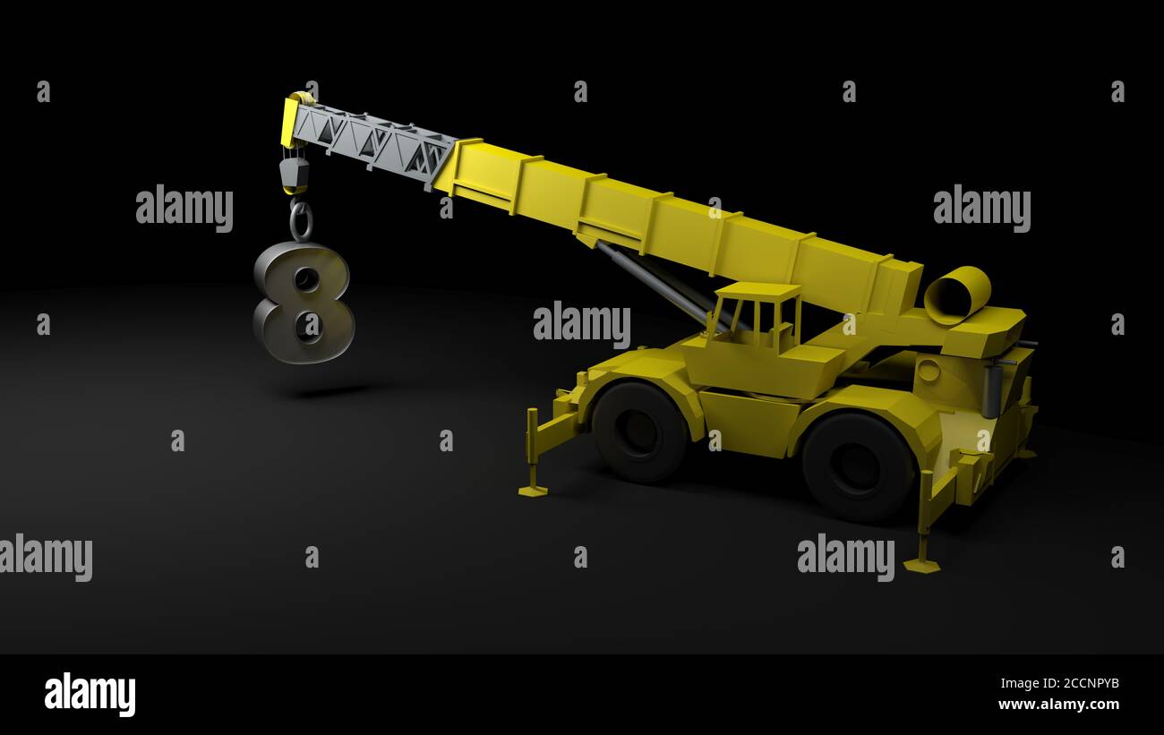 Yellow crane rising number 8, on black background - 3D rendering ...