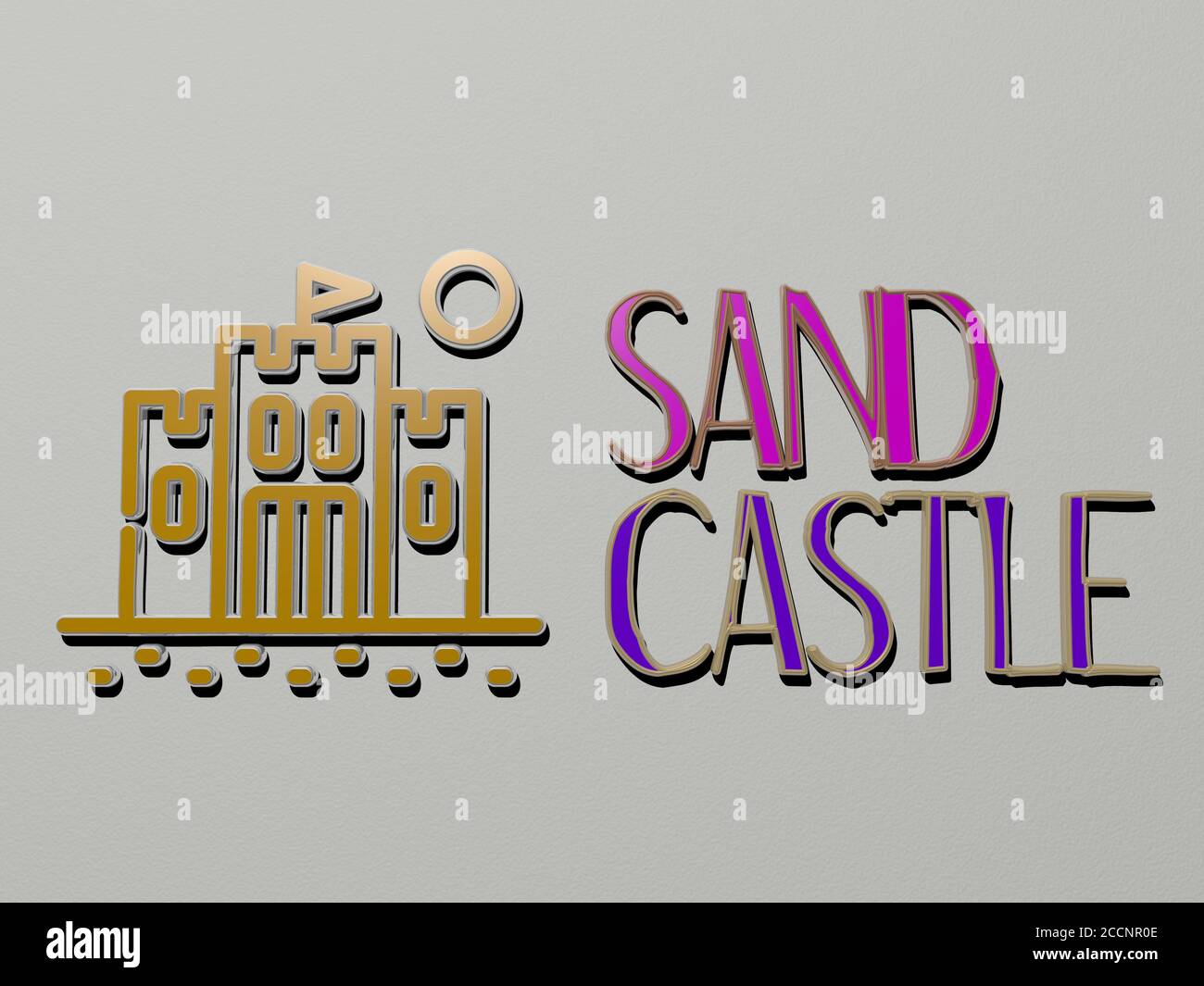 3D illustration of SAND CASTLE graphics and text made by metallic dice ...