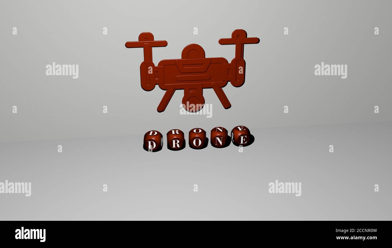drone 3D icon on the wall and text of cubic alphabets on the floor, 3D ...