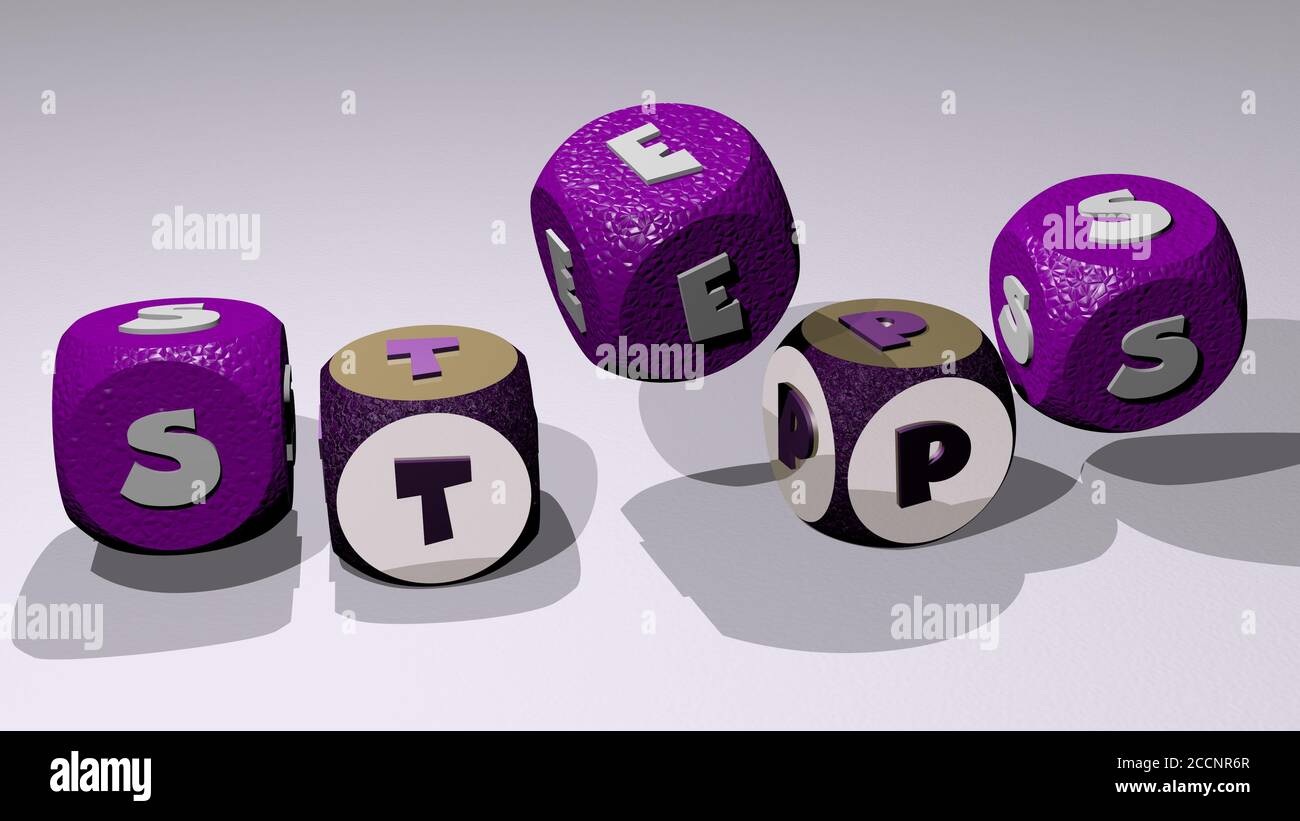 STEPS text by dancing dice letters, 3D illustration Stock Photo - Alamy