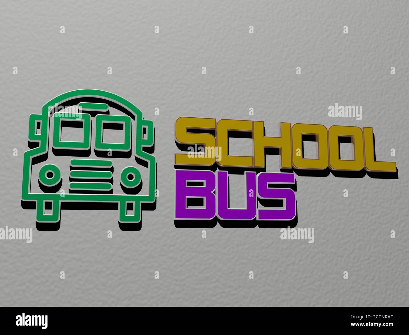 3D illustration of school bus graphics and text made by metallic dice ...