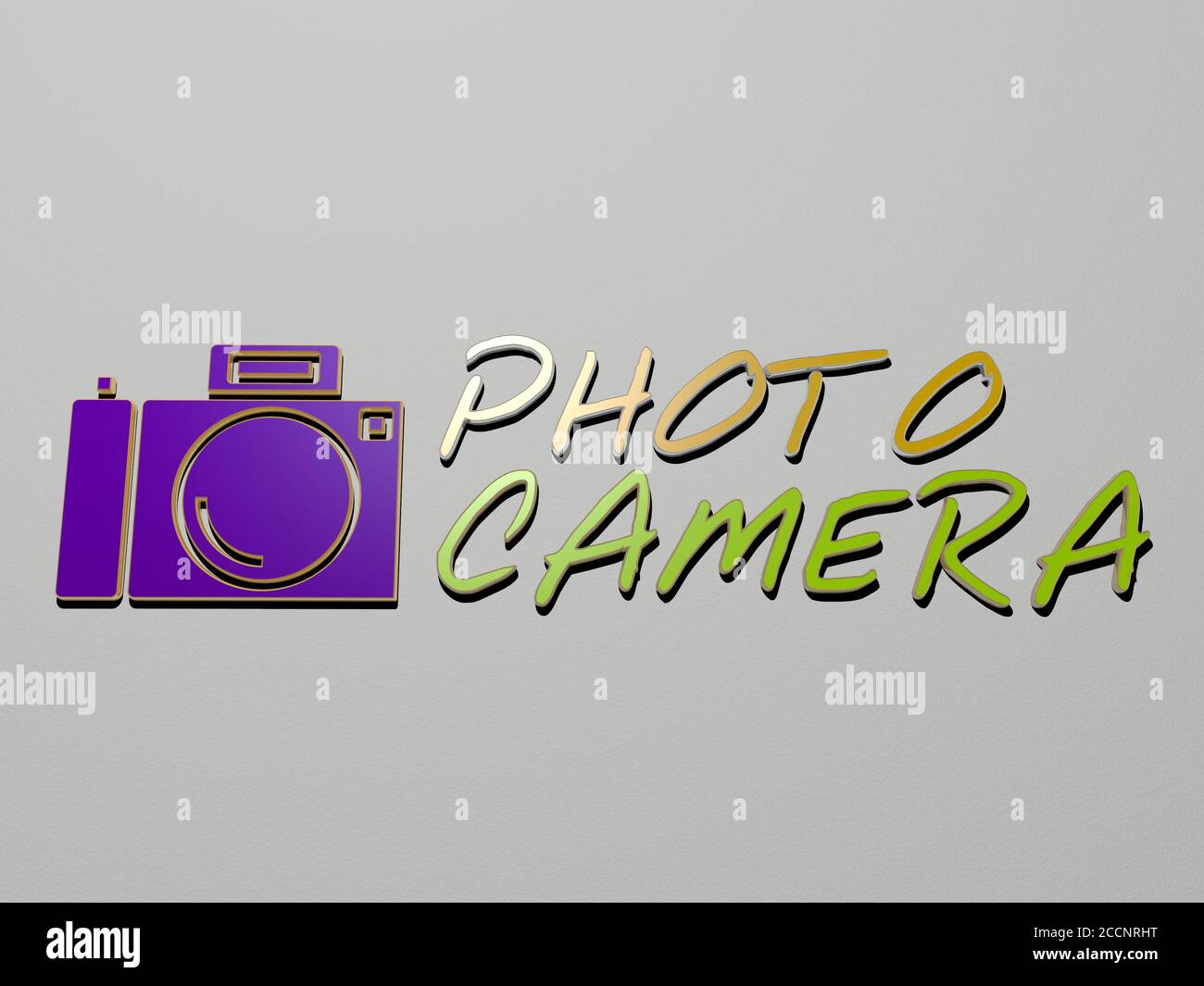3D representation of PHOTO CAMERA with icon on the wall and text ...