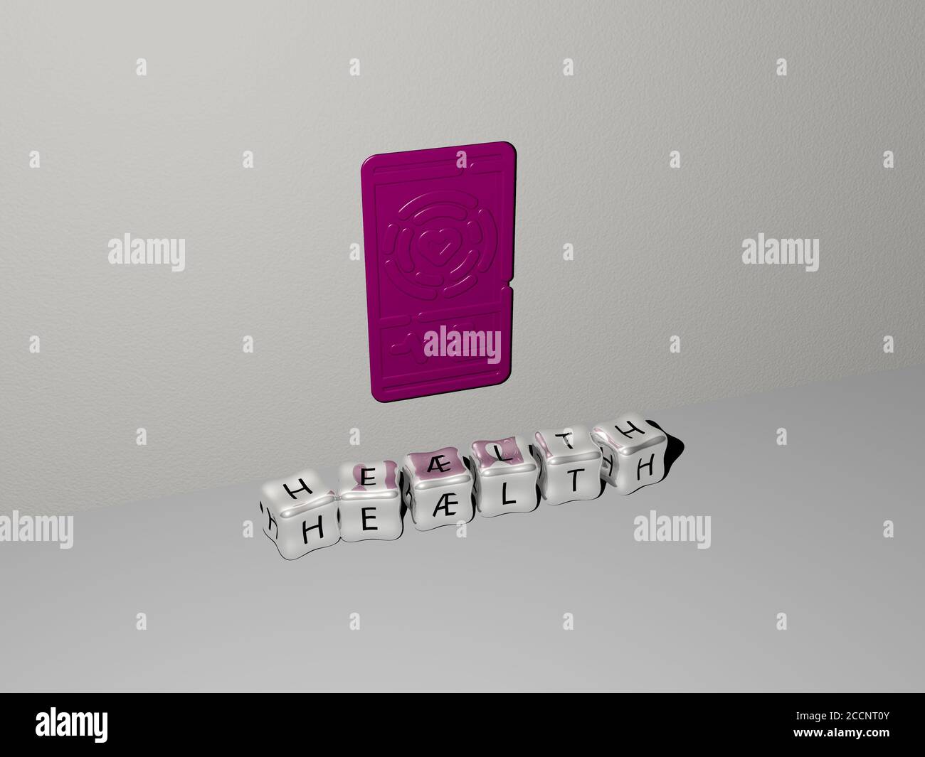 health 3D icon on the wall and cubic letters on the floor, 3D ...