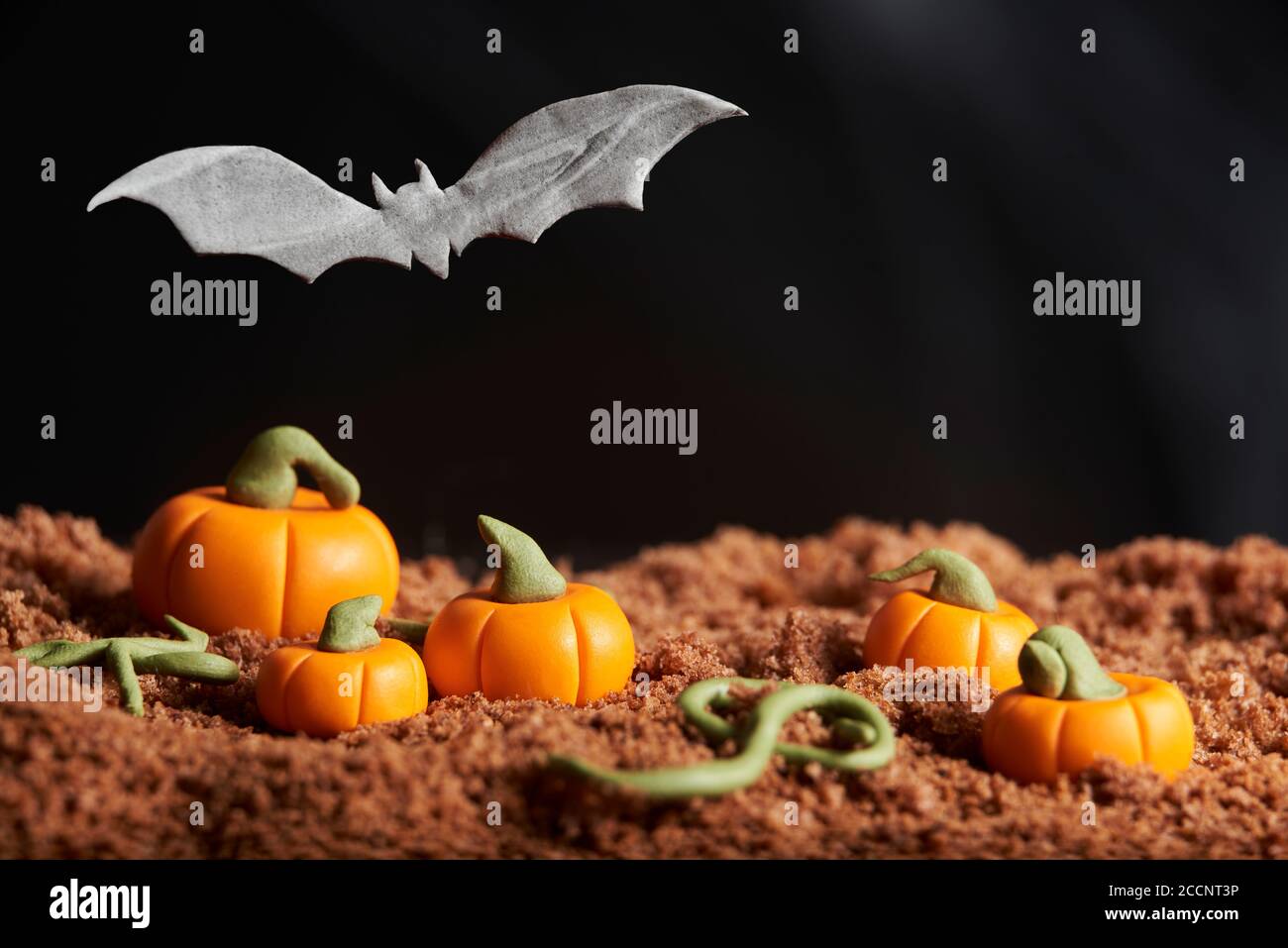 Scene of halloween, bat flying over a sugar paste pumpkin patch ...