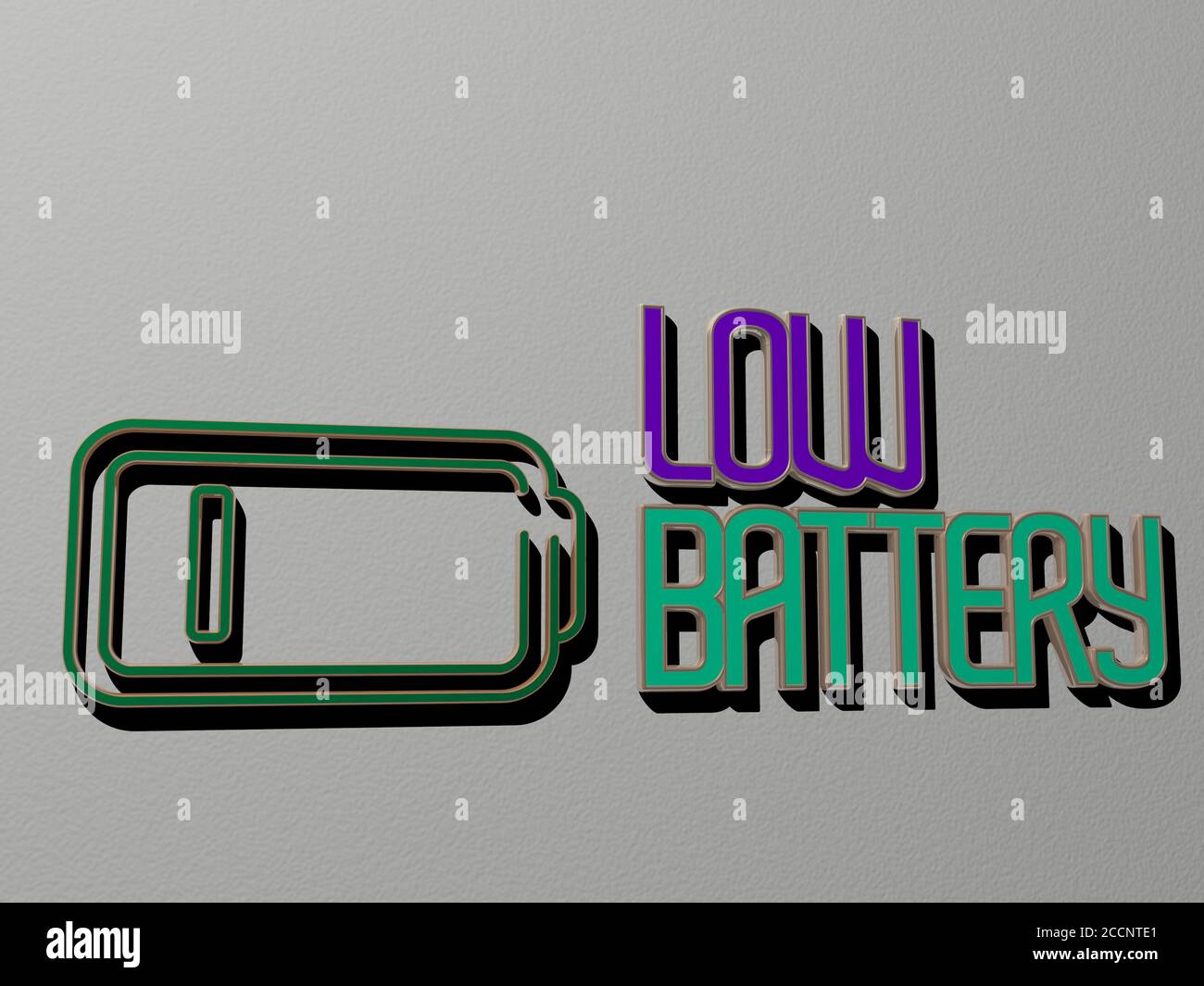 3D representation of LOW BATTERY with icon on the wall and text ...