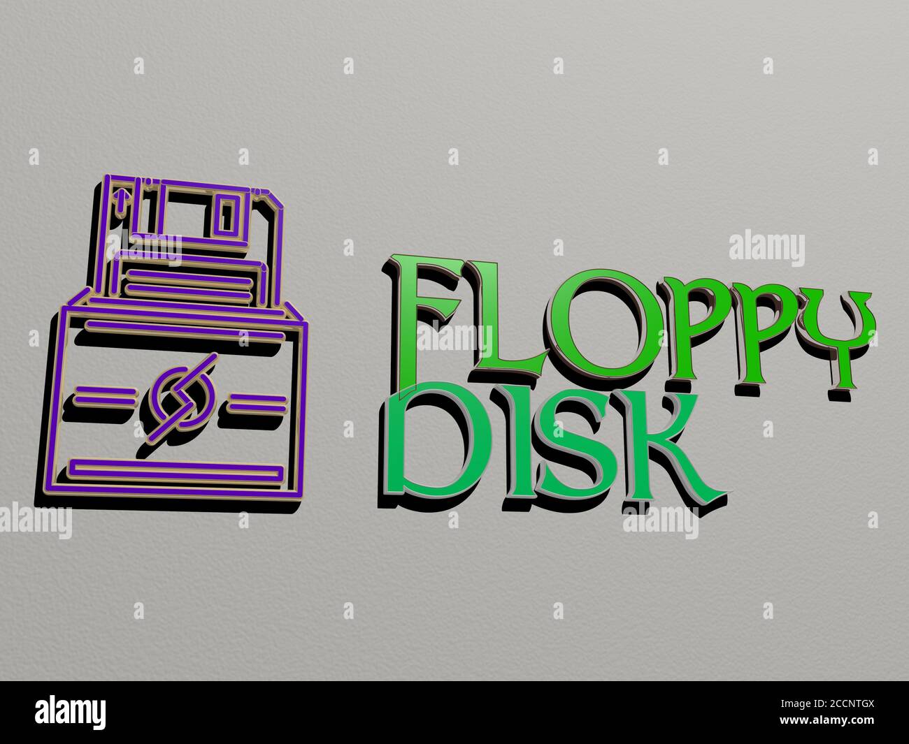 3D representation of FLOPPY DISK with icon on the wall and text ...