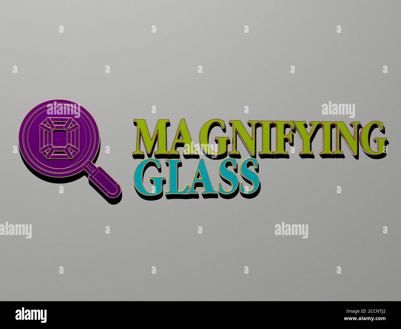 3D representation of MAGNIFYING GLASS with icon on the wall and text ...