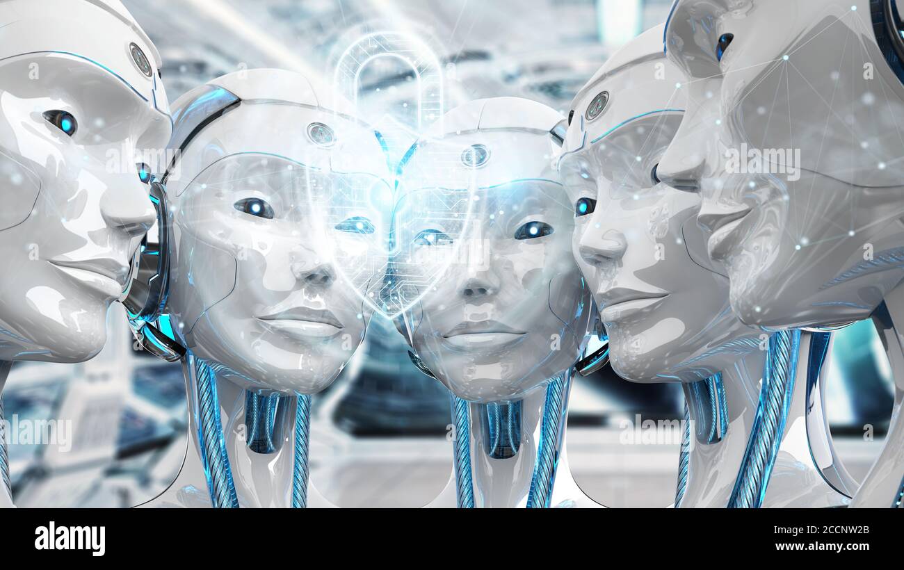 Group of female robots heads using cyber security padlock interface 3d ...