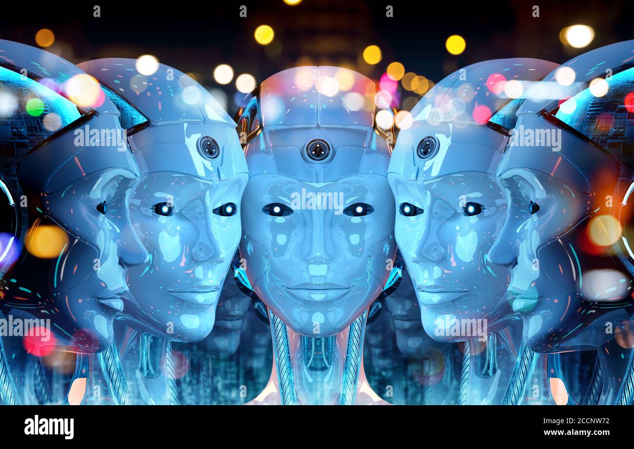 Group of female robots heads close to each others cyborg army concept ...