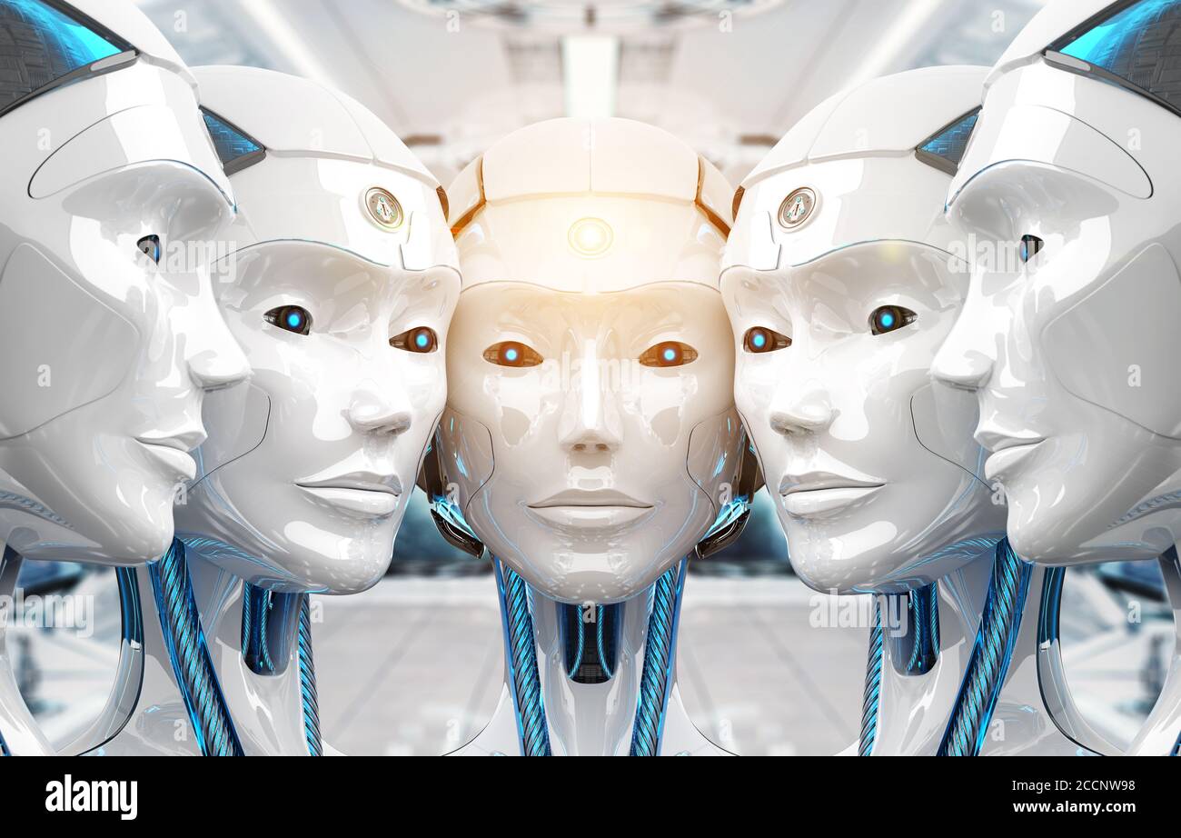 Group of female robots heads close to each others cyborg army concept ...