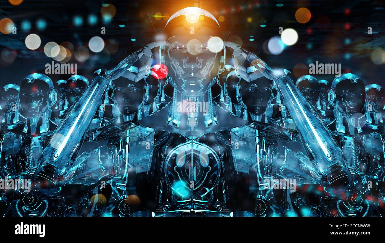 Group of male robots following leader cyborg army concept 3d rendering ...
