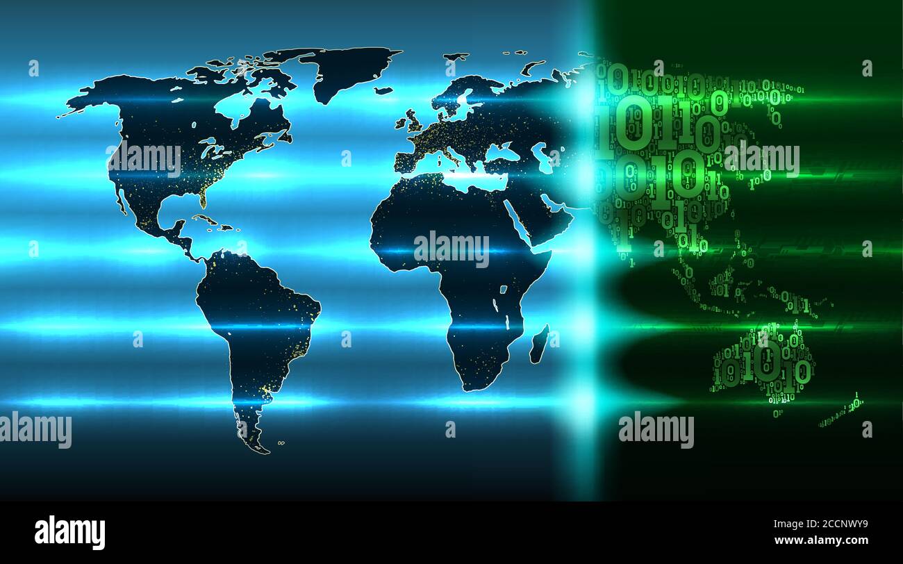 World map with evolving digital global technologies of the future. Map of the Earth with ...