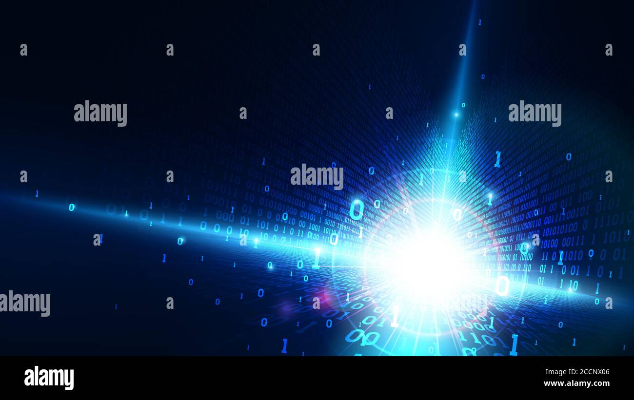 Binary code in abstract matrix cyberspace, shining blue background with digital code, artificial ...