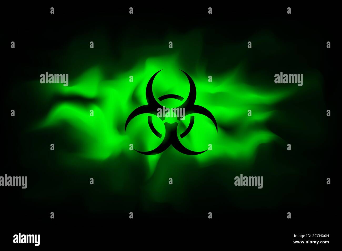 Biohazard sign on a background of infected green fog. Spreading smoke ...