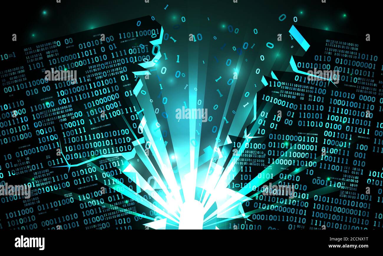 Abstract Futuristic Cyberspace With A Hacked Array Of Binary Data Explosion With Rays Of Light