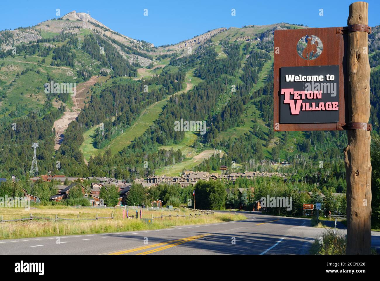 TETON VILLAGE, WY –2 AUG 2020- View of the sign at the entrance of ...