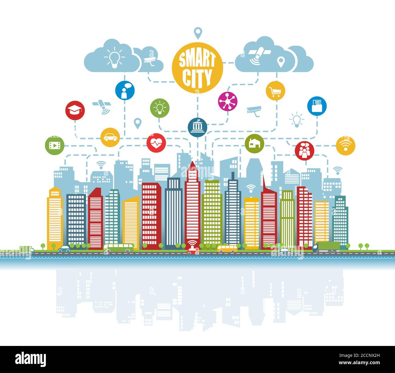 The concept of smart city. Cloud service. Background. Colorful ...