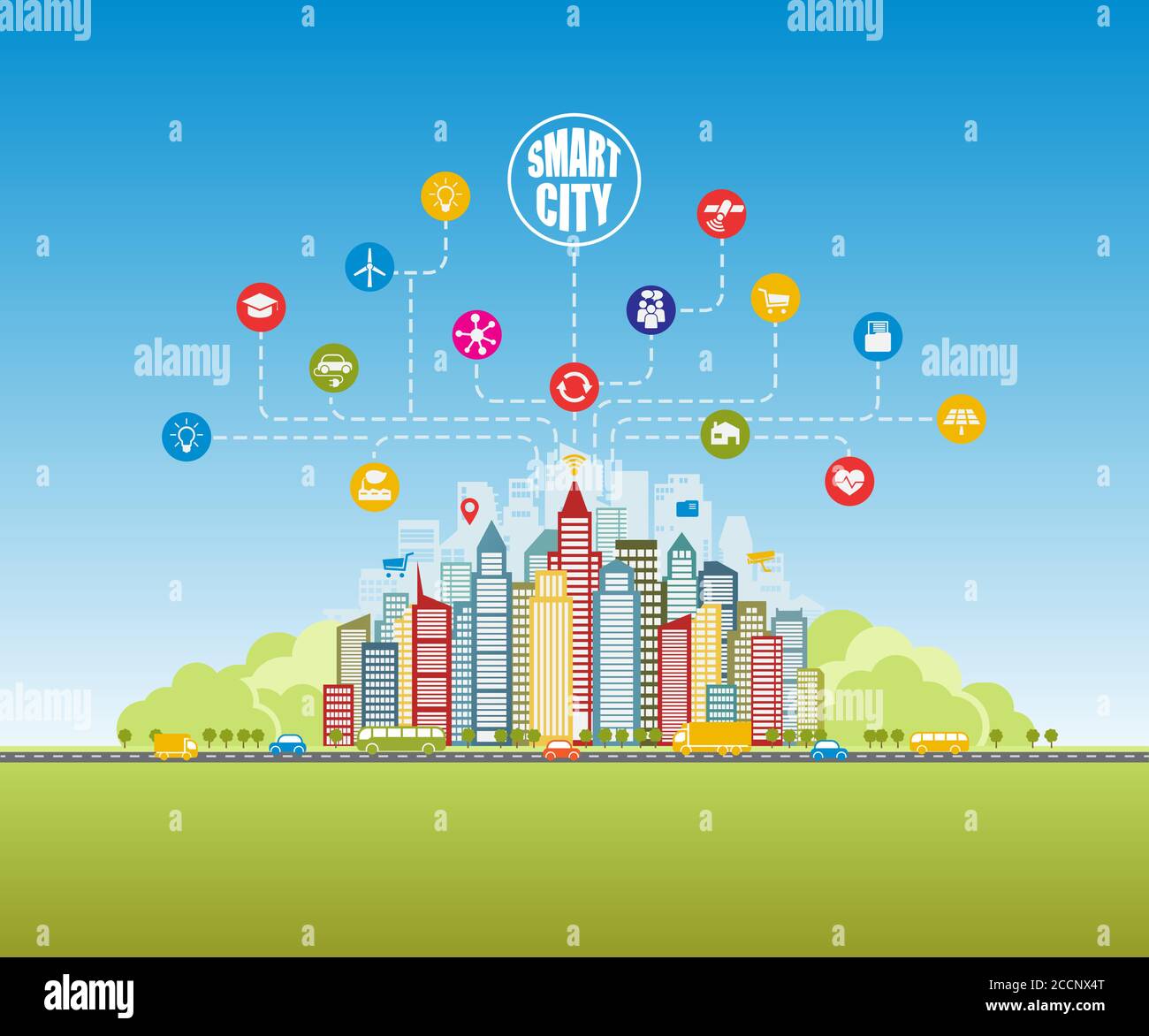The concept of smart city. Colorful buildings, cityscape. Background ...