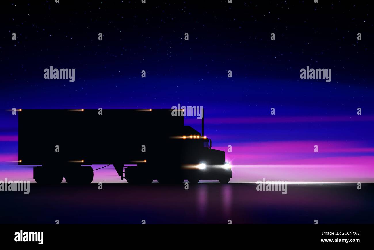 Truck moving on the highway at night. Classic big rig semi truck with ...