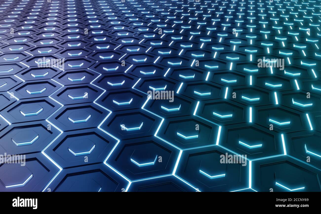 Glowing black and blue abstract hexagons background pattern on silver ...
