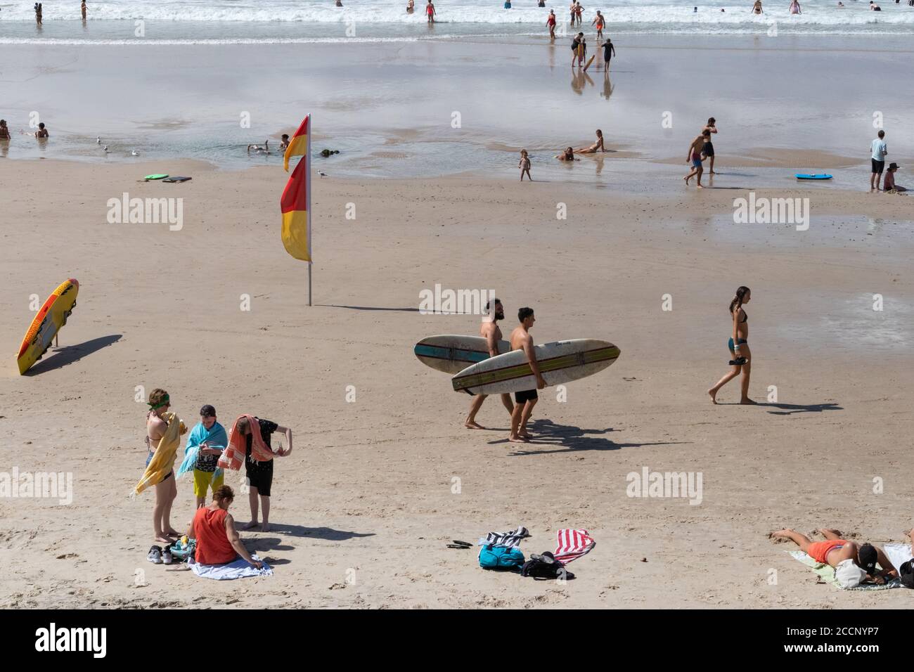 Beach day: two young men carrying surf table boards, family, kids ...