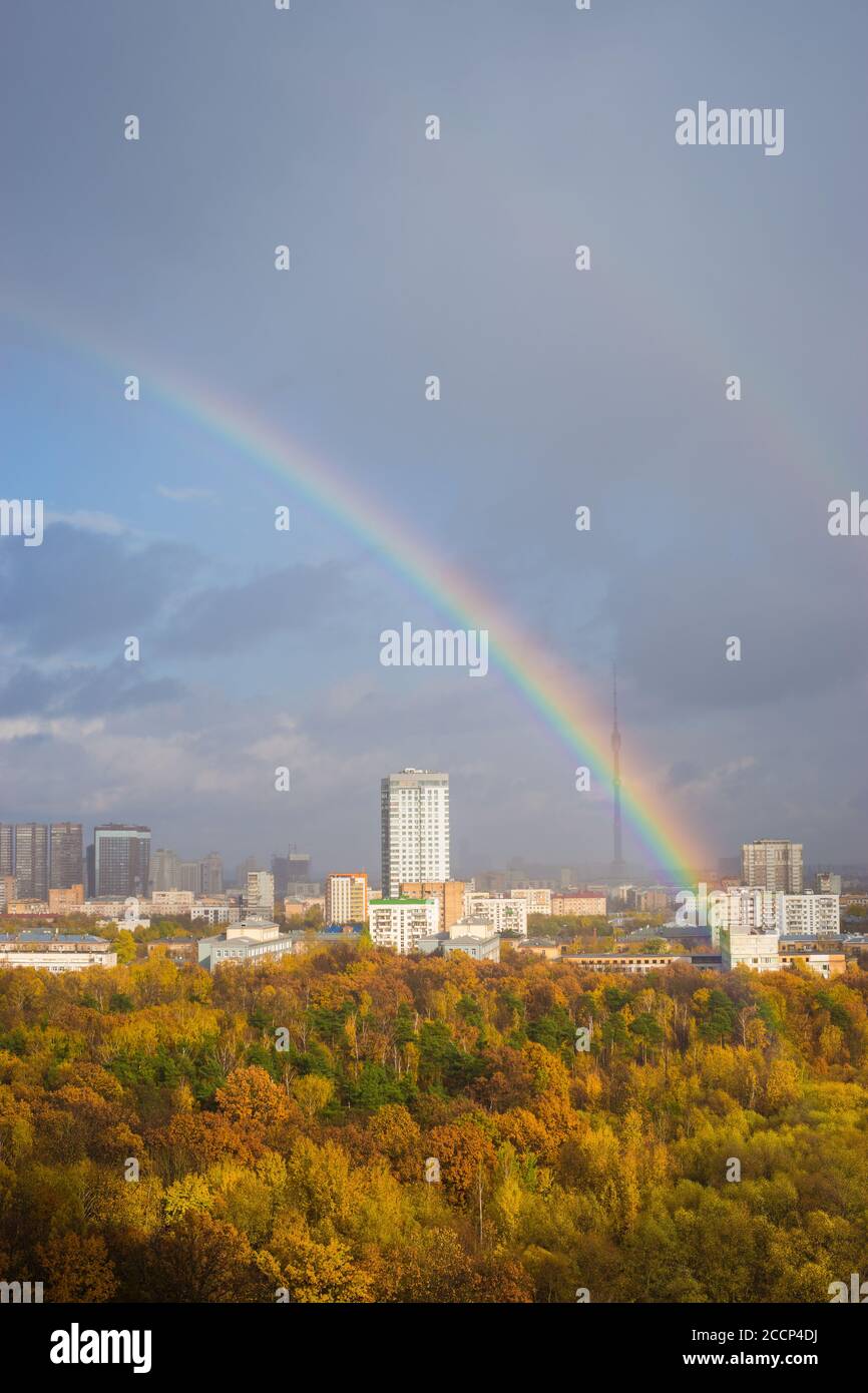Ostankino tower in moscow. rainbow on an autumn day after an autumn ...
