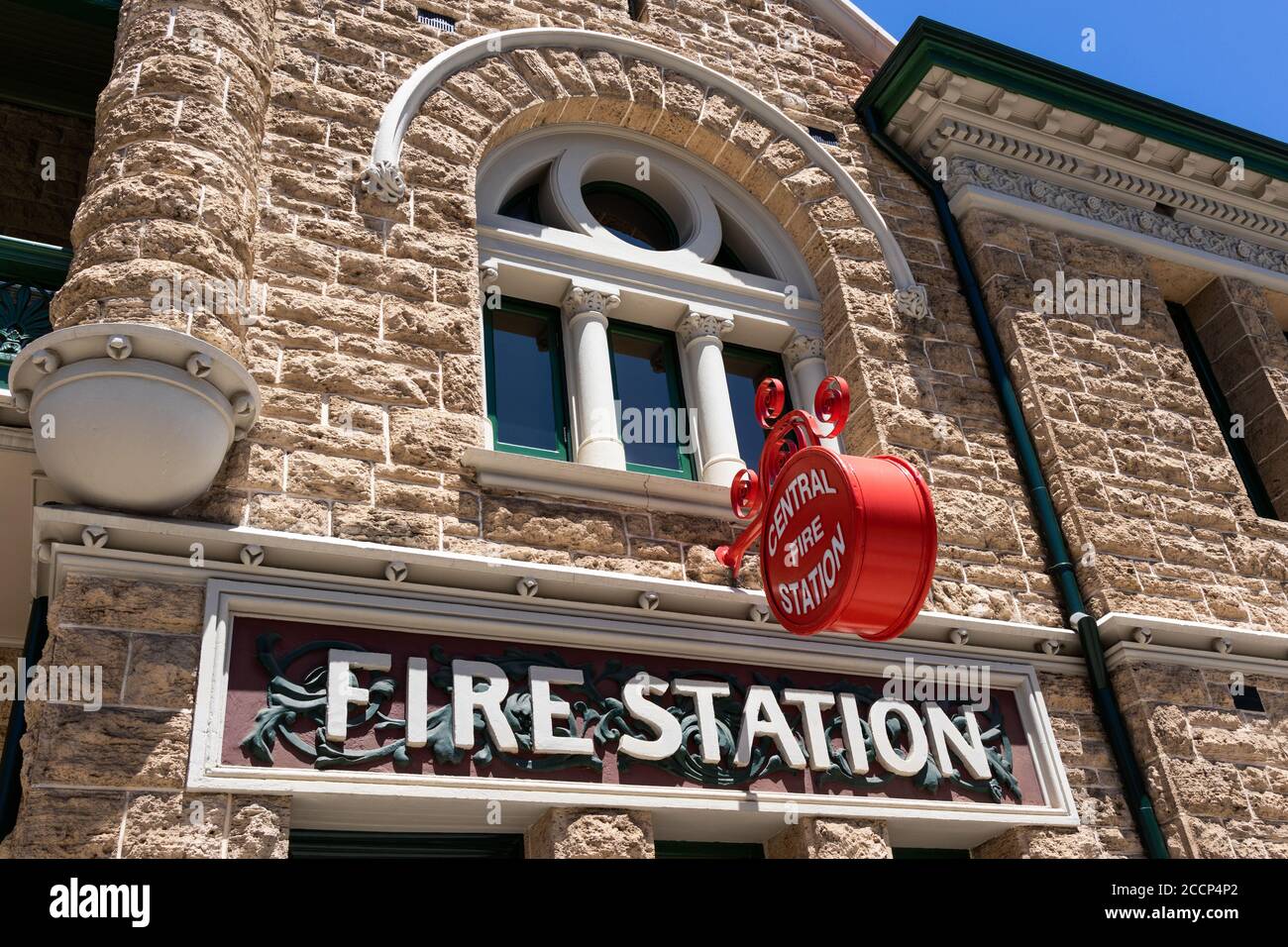 Old central fire station. Red round signal at the facade of the ...