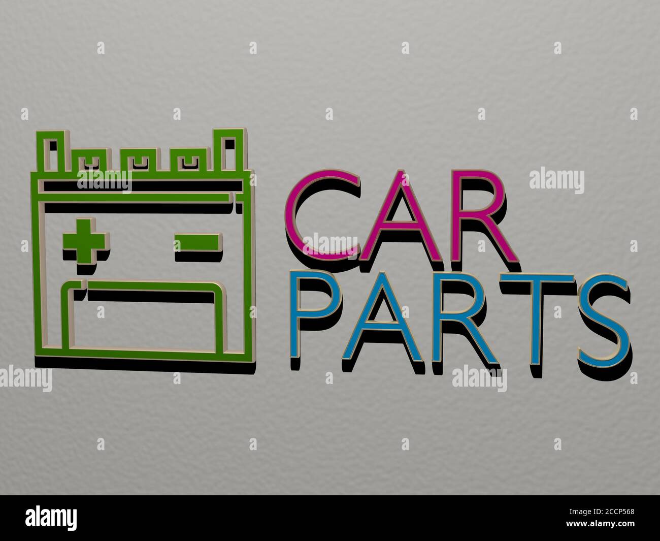 3D illustration of car parts graphics and text made by metallic dice ...
