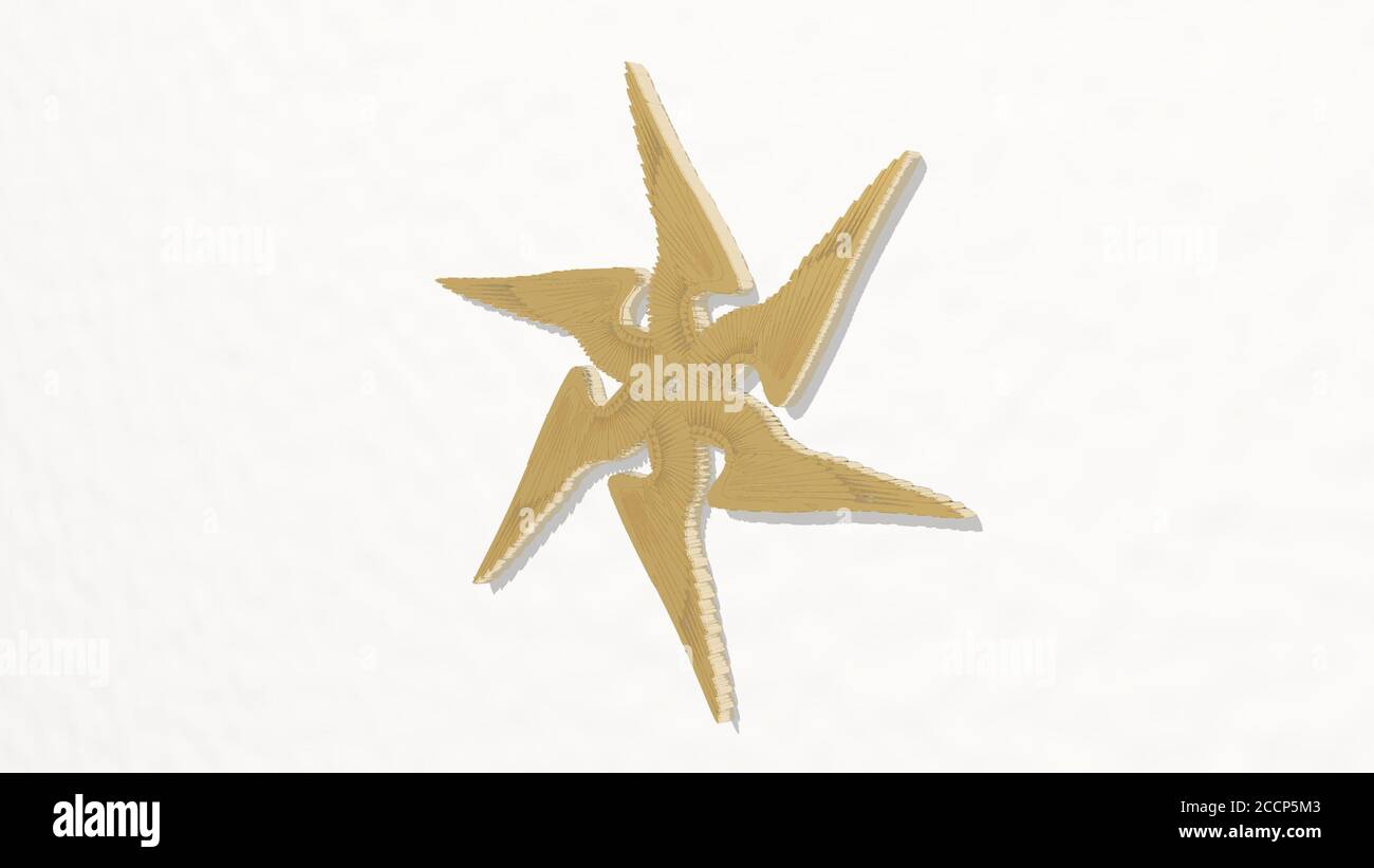 circle of wings on the wall 3D illustration of metallic sculpture over ...