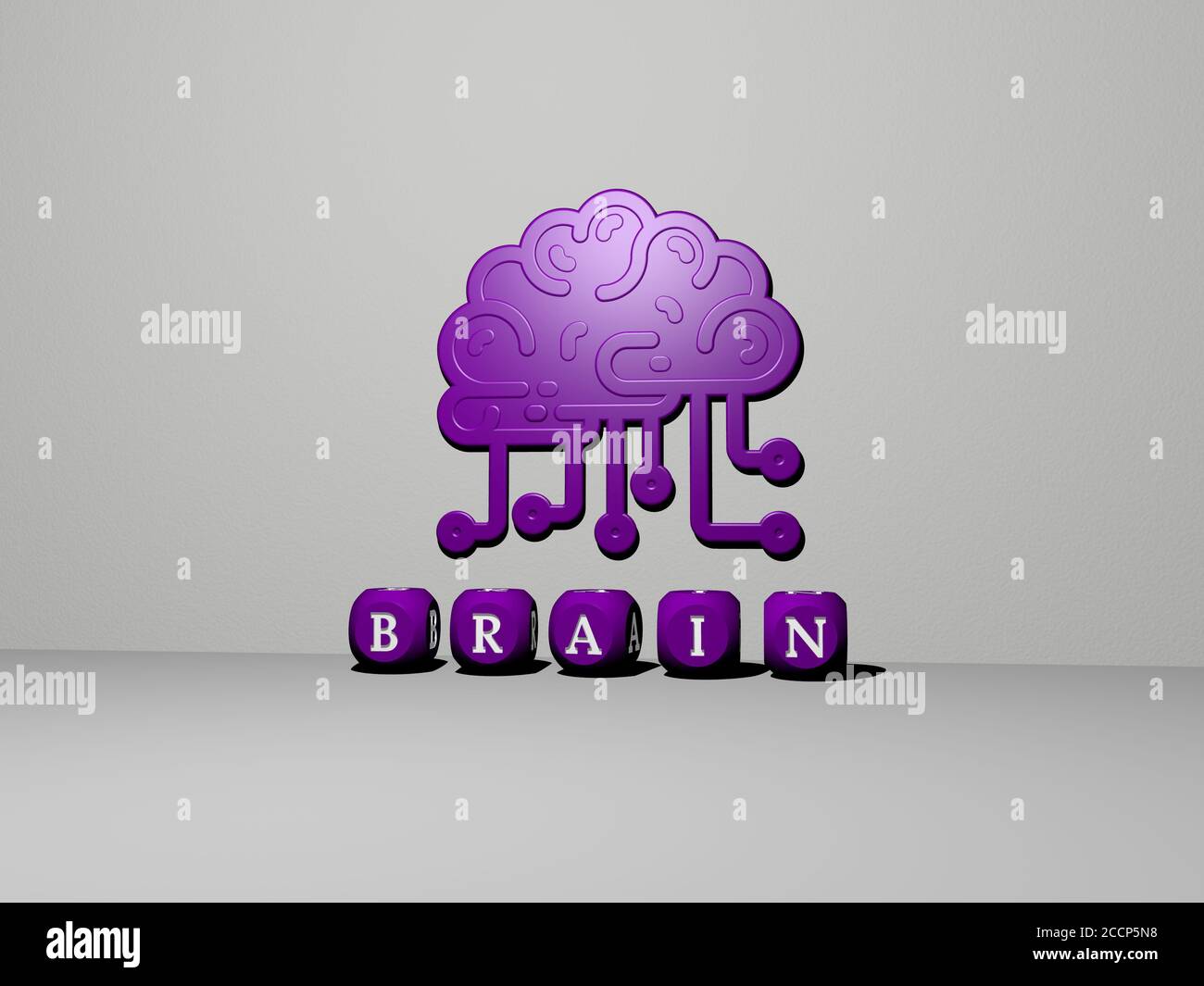 BRAIN 3D icon on the wall and text of cubic alphabets on the floor, 3D ...