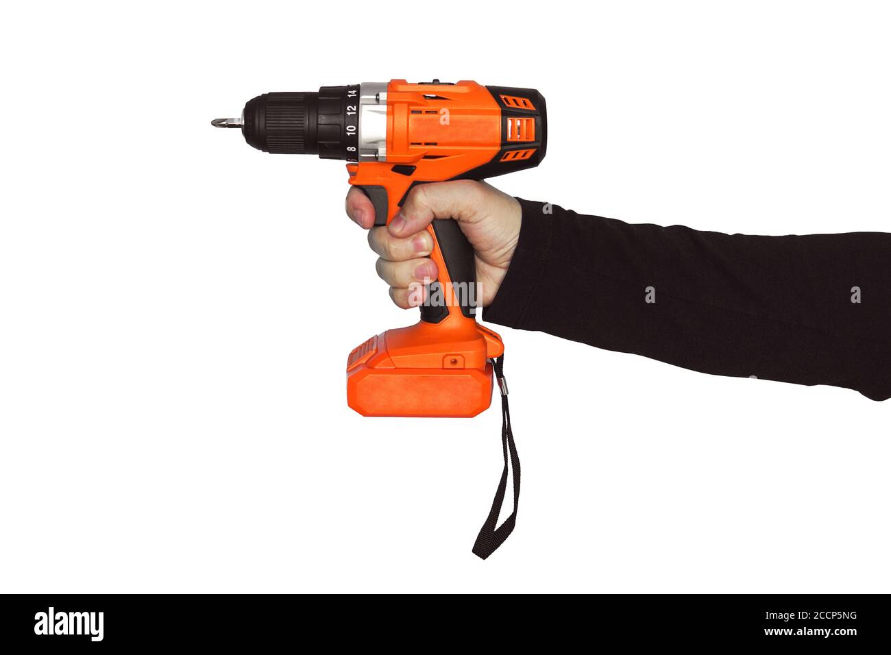 Hand holding cordless drill orange isolated on white background ...