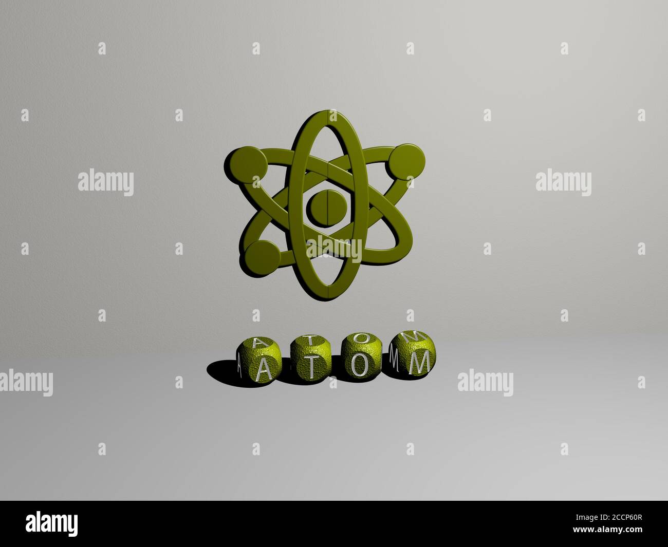 ATOM 3D icon on the wall and text of cubic alphabets on the floor, 3D ...