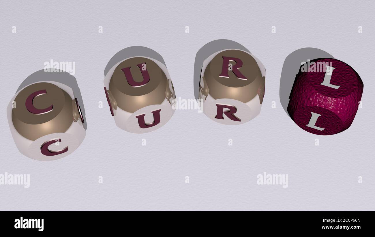 CURL curved text of cubic dice letters, 3D illustration Stock Photo - Alamy