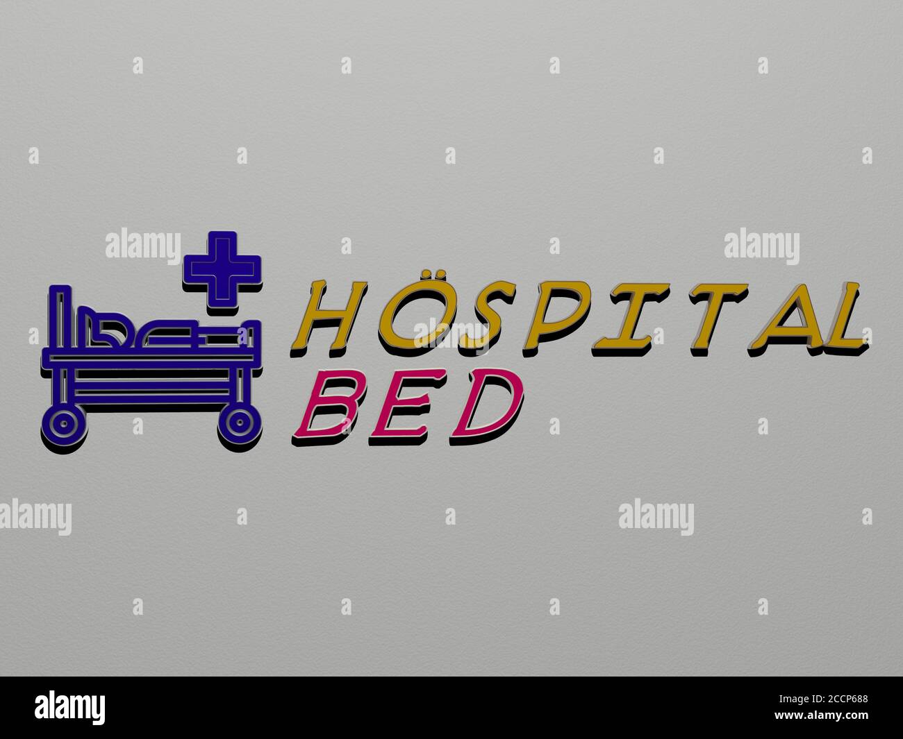 3D representation of HOSPITAL BED with icon on the wall and text ...