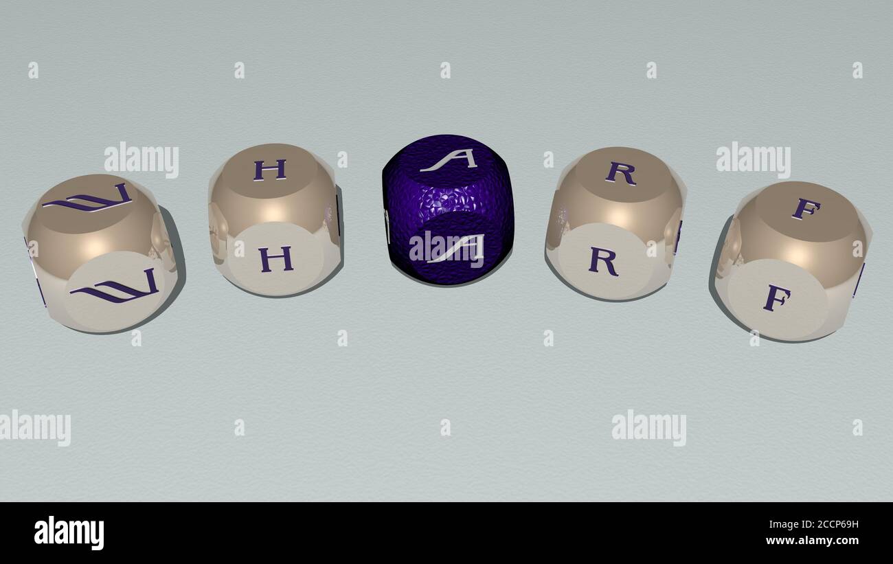 wharf curved text of cubic dice letters, 3D illustration Stock Photo ...