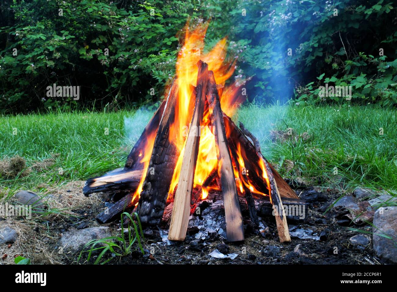 Campfire in green garden with grass and trees in background Stock Photo ...