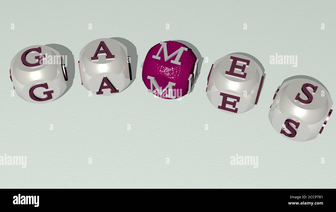 games curved text of cubic dice letters, 3D illustration Stock Photo ...
