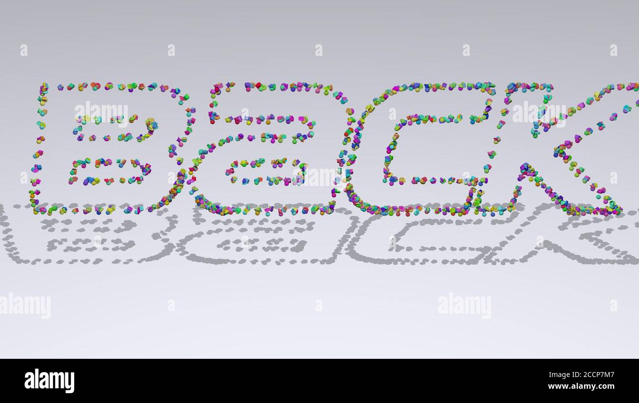 Colorful 3D writting of BACK text with small objects over a white ...