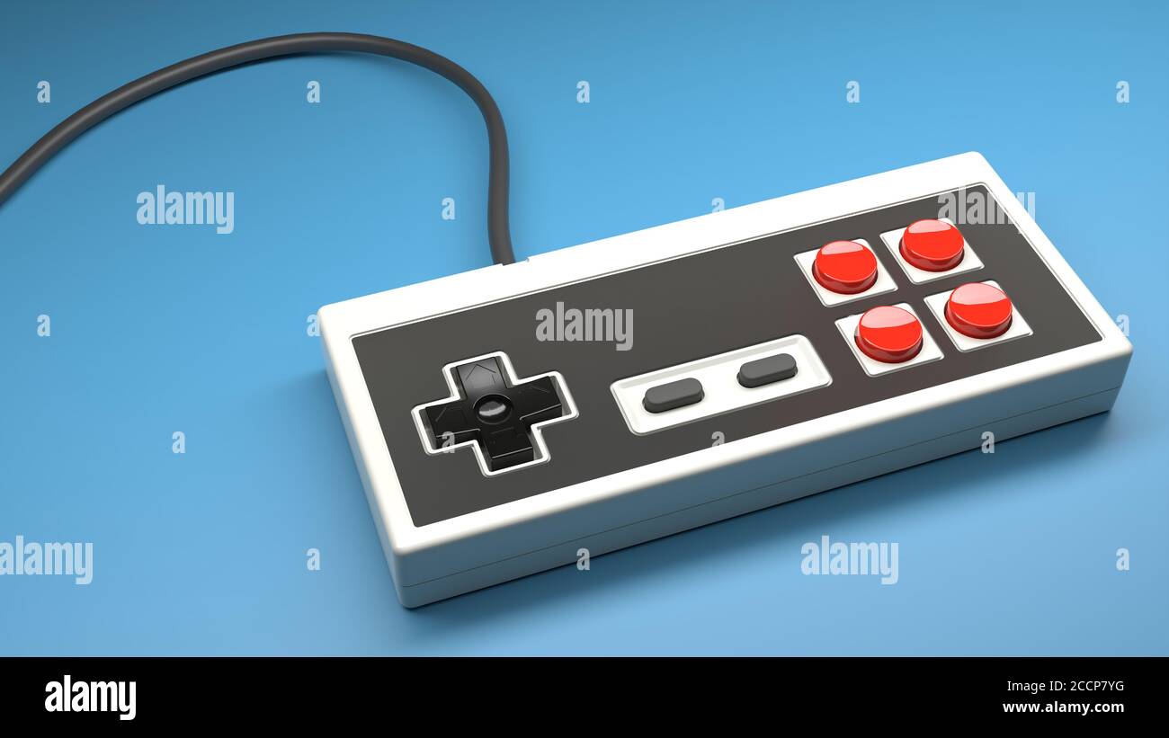 Retro computer gaming controller joystick on a blue background Stock ...