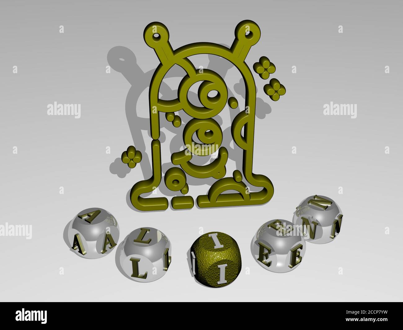 alien round text of cubic letters around 3D icon, 3D illustration Stock ...