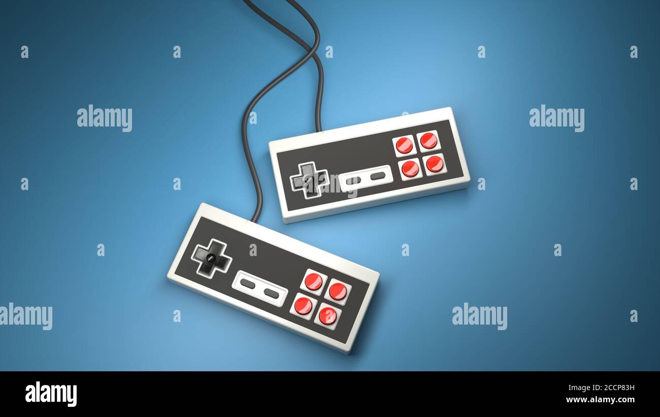 Retro computer gaming controller joystick on a blue background Stock ...