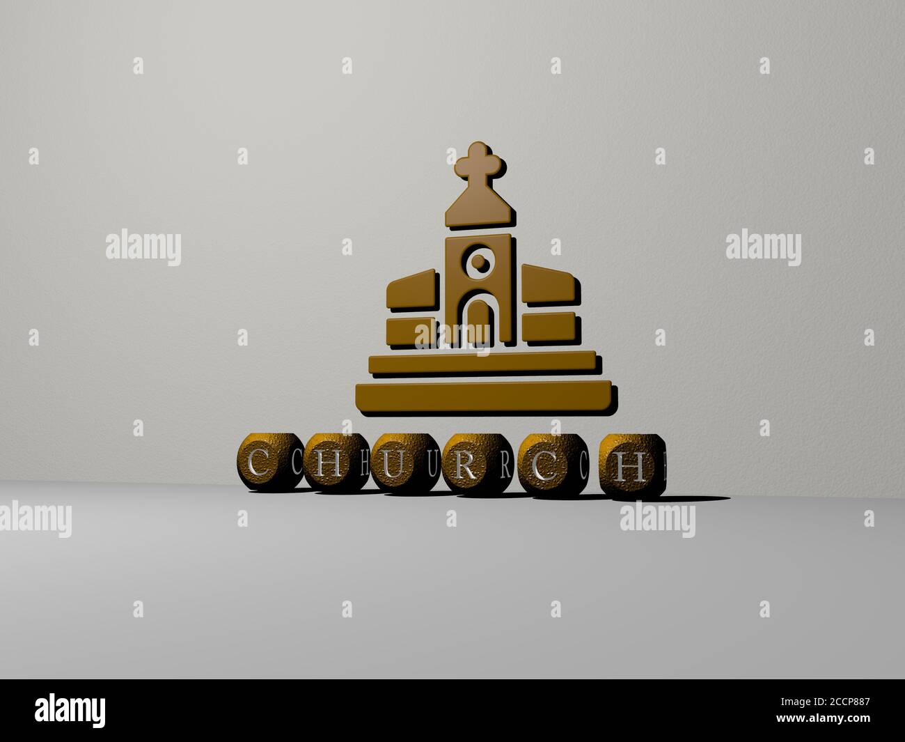 CHURCH 3D icon on the wall and text of cubic alphabets on the floor, 3D ...