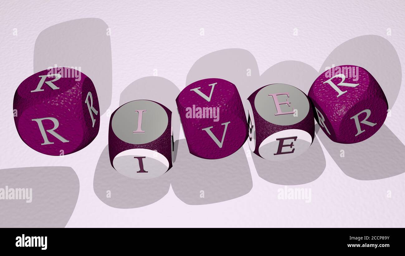 river text by dancing dice letters, 3D illustration Stock Photo - Alamy