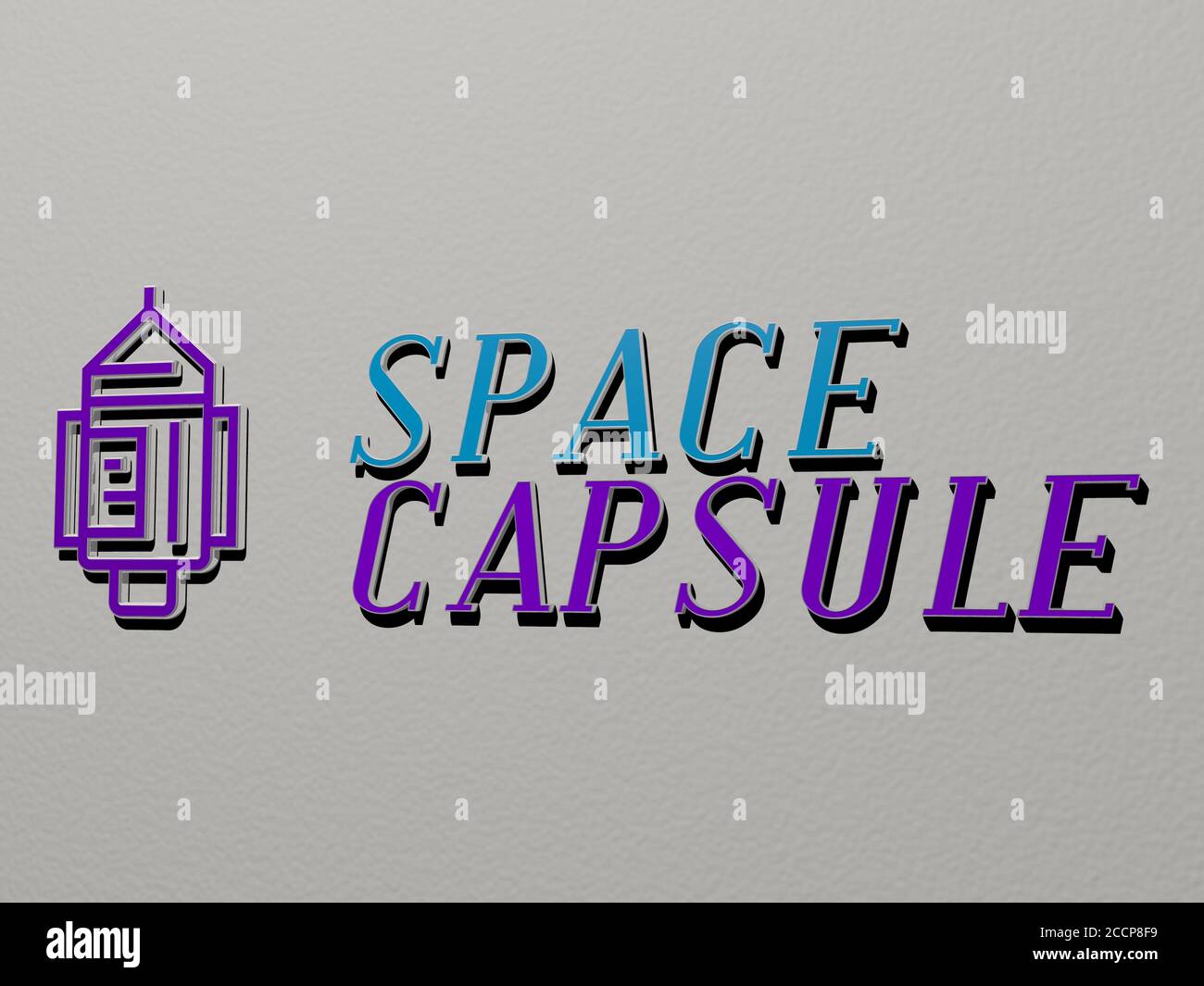 3D representation of space capsule with icon on the wall and text ...