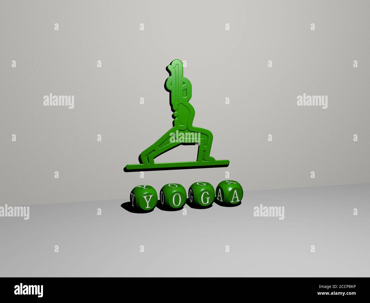 yoga 3D icon on the wall and text of cubic alphabets on the floor, 3D ...