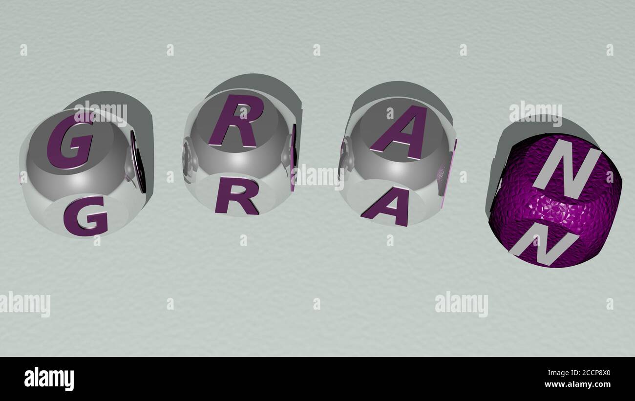 gran curved text of cubic dice letters, 3D illustration Stock Photo - Alamy