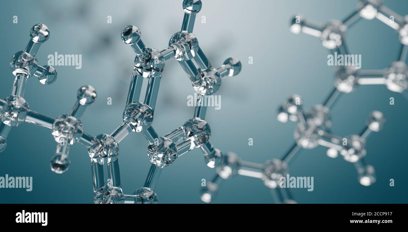 Abstract glass molecules floating in blue fluid background with ...