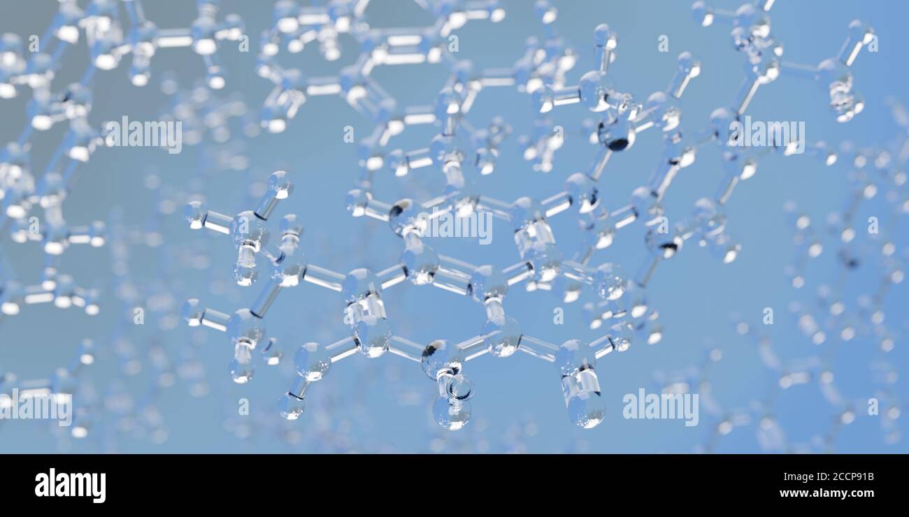 Abstract complex glass molecules floating in blue fluid background with ...