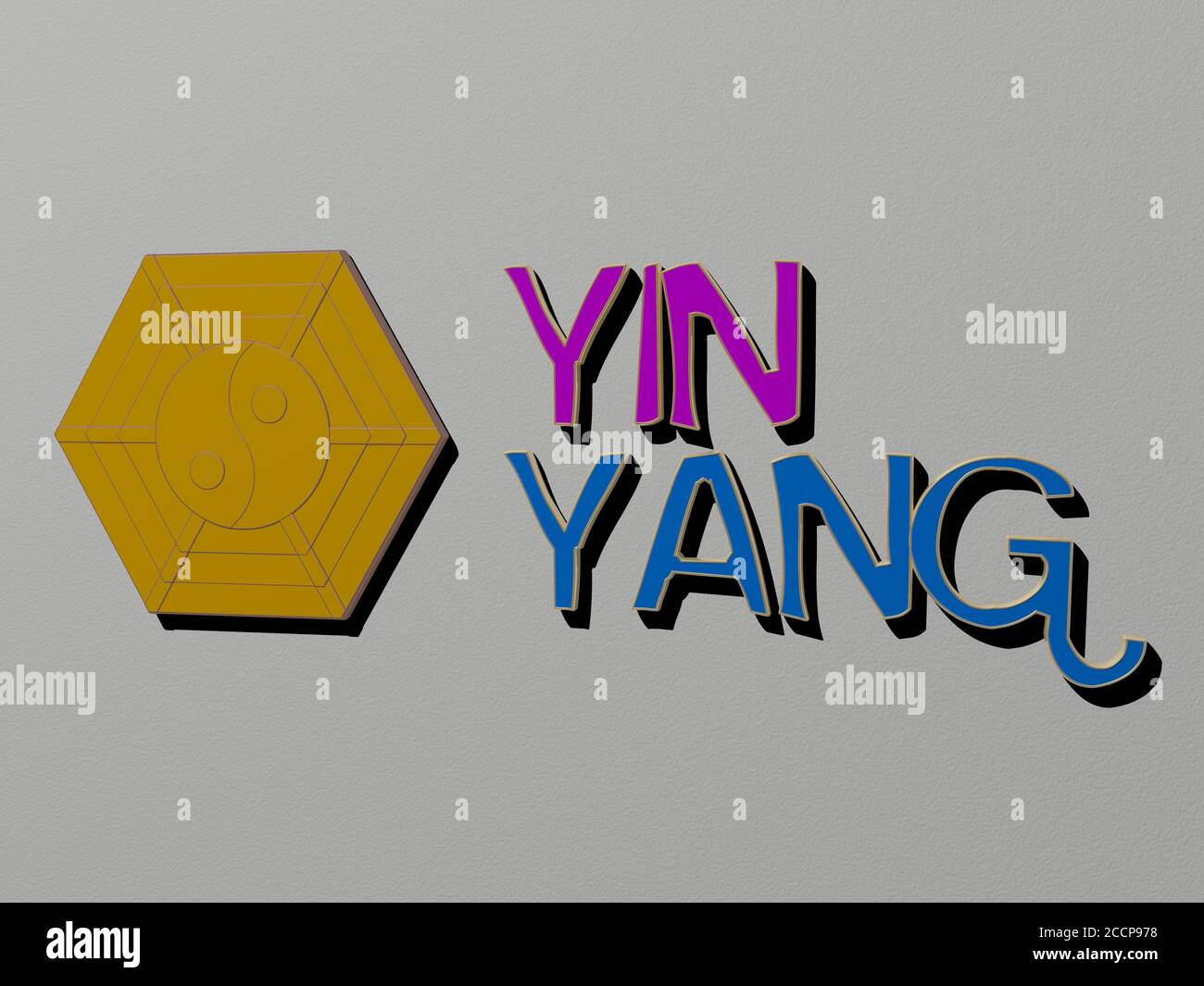 3D illustration of YIN YANG graphics and text made by metallic dice ...